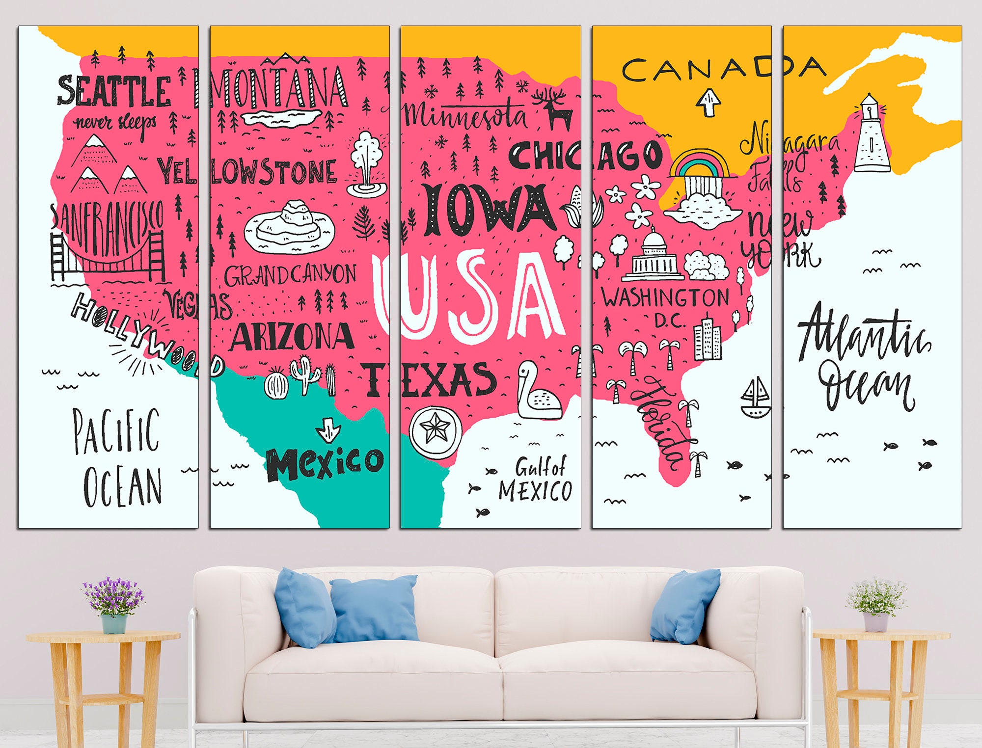 United States Map USA Map Canvas United States Print USA Map | Etsy
