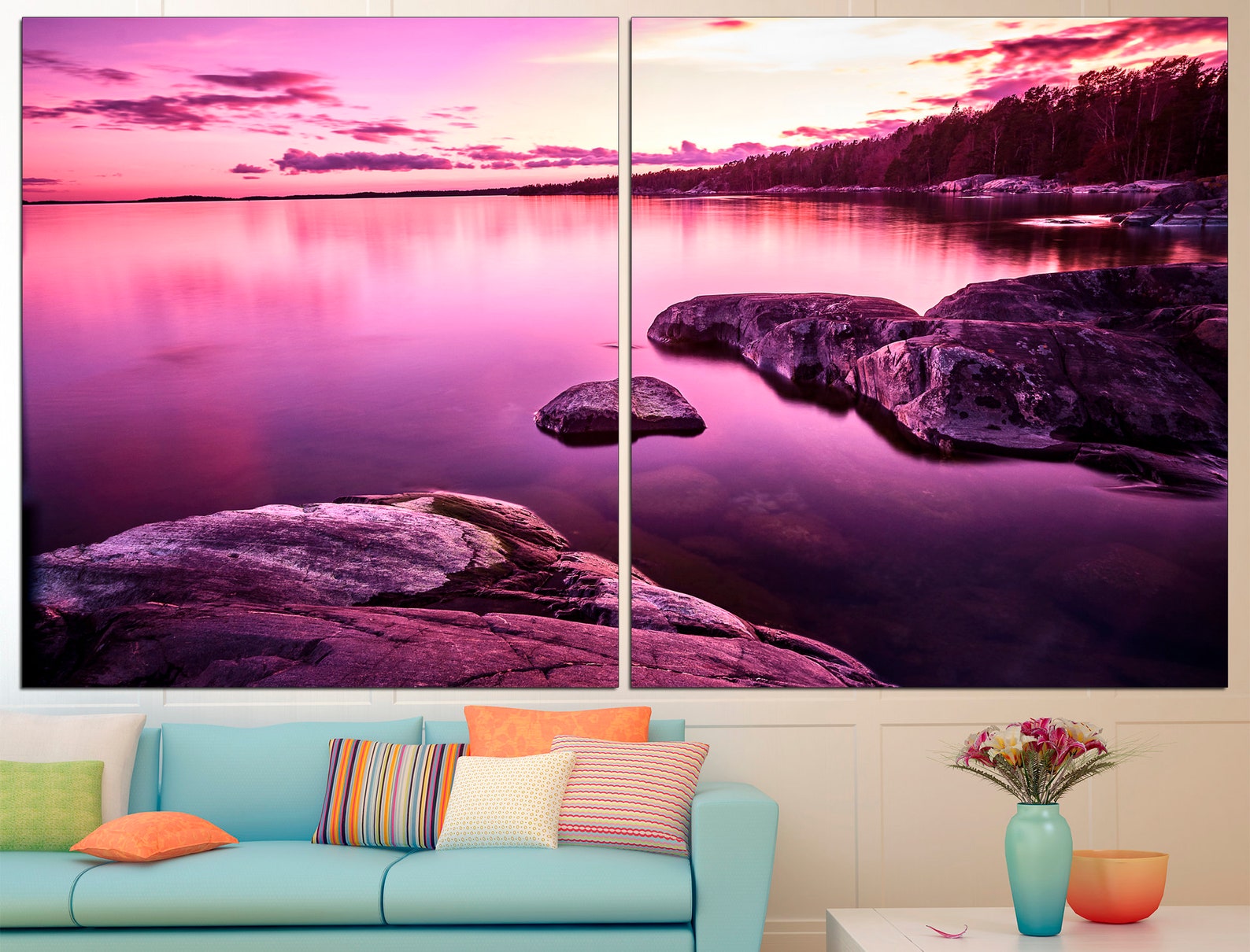 Pink Sunset Canvas Seascape Canvas Purple Sunset Pink Wall Art Sunset ...