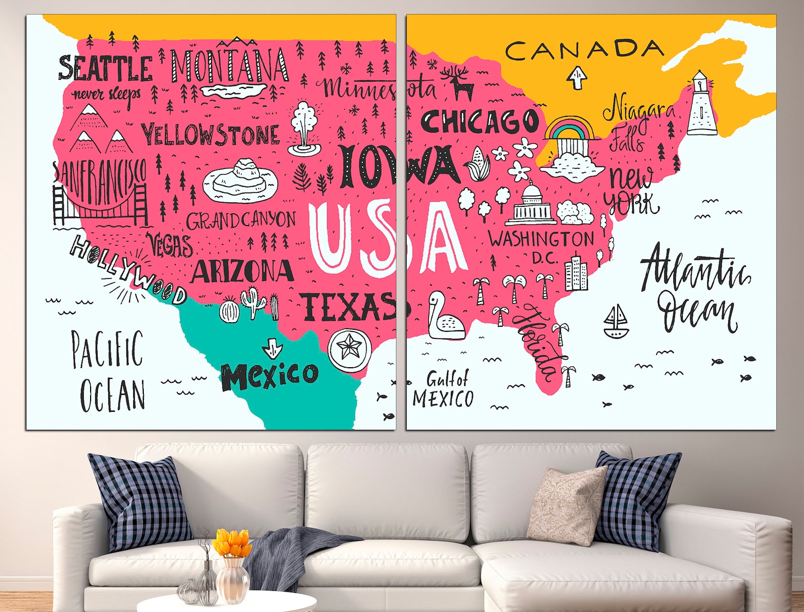 United States Map USA Map Canvas United States Print USA Map - Etsy