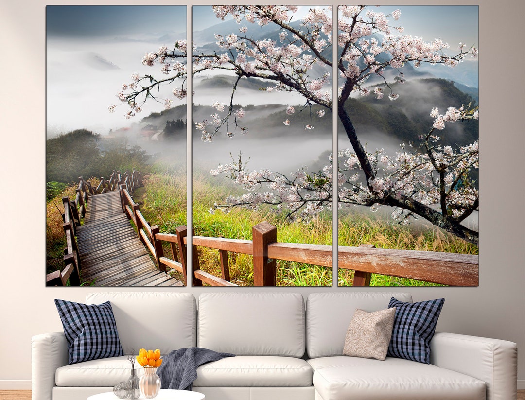 Sakura Canvas Mountain Landscape Sakura Wall Art Japan Canvas Sakura ...