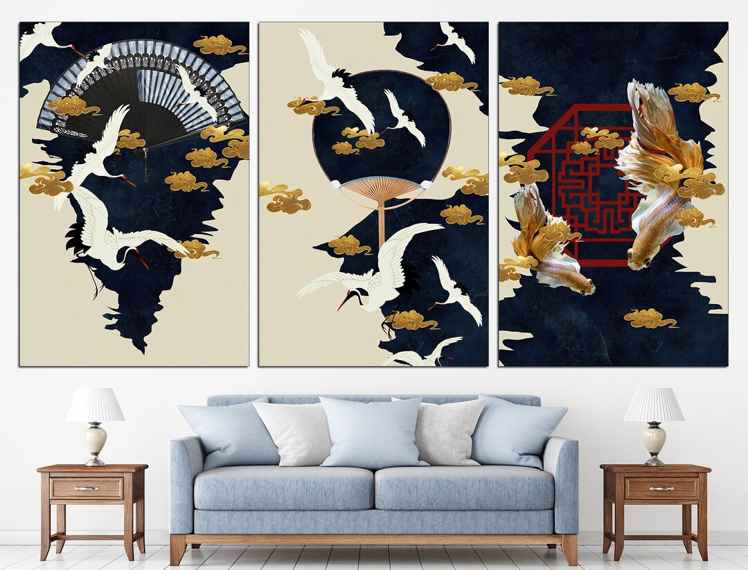 Japanese Crane Canvas Print Set, Traditional Wall Art (set of 3) - Etsy