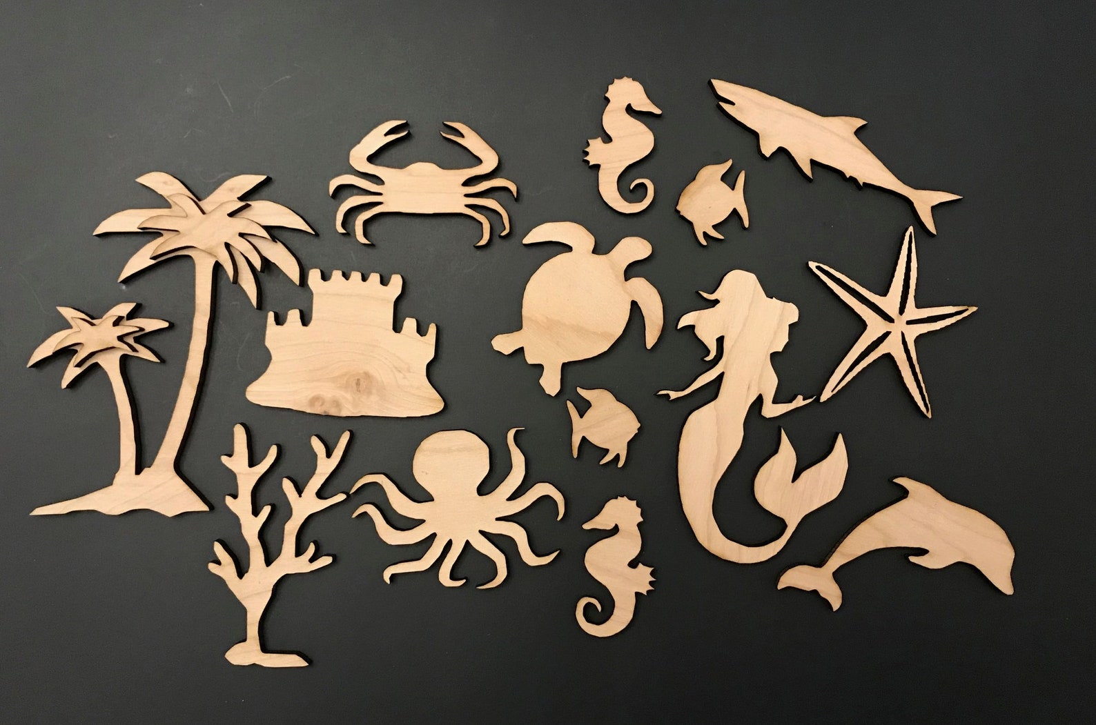 14-pack Sea Life Ocean Decor Wall Laser Unfinished Wood Cutout Crafts ...