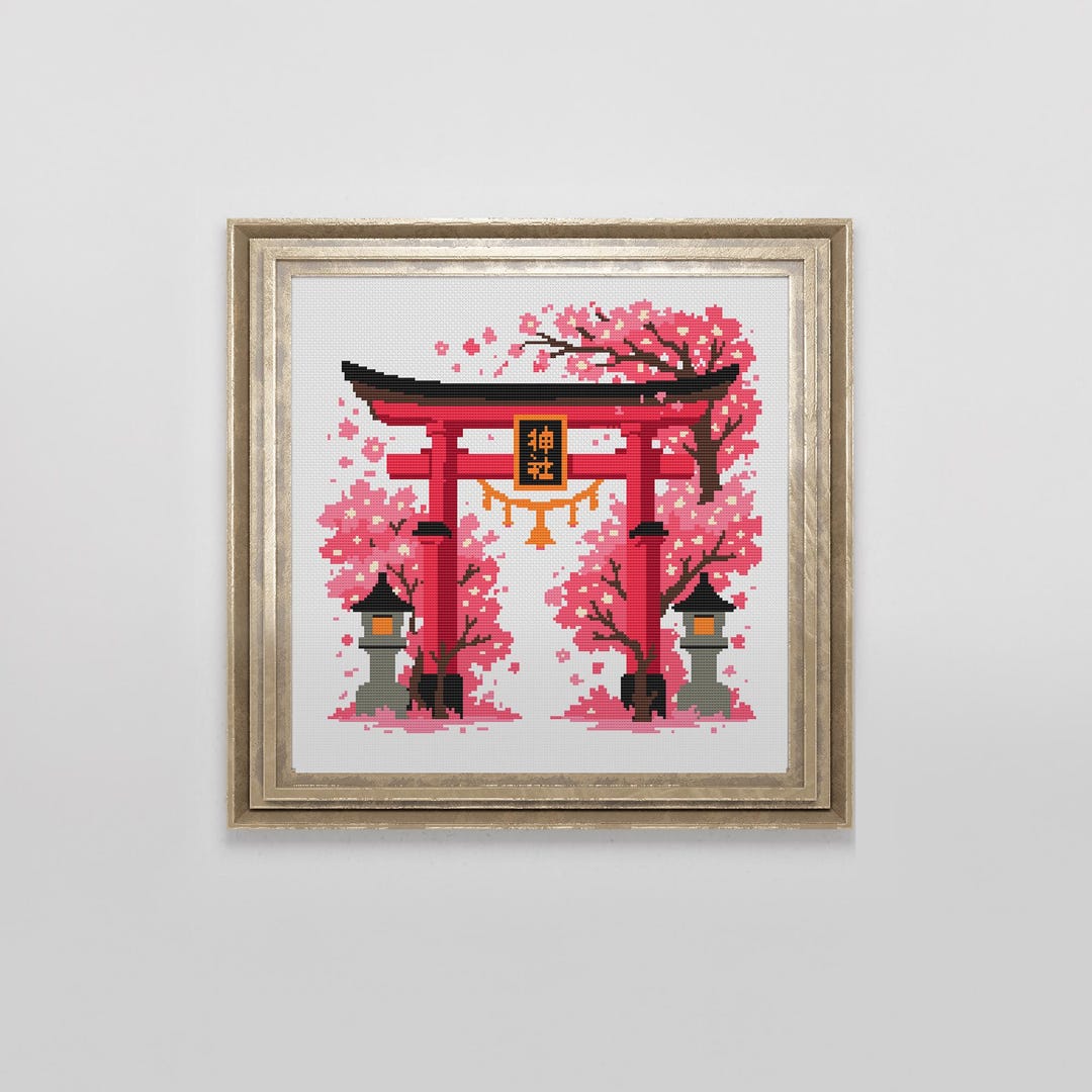 Japanese Torii Gate and Sakura Cherry Blossoms Cross Stitch Pattern ...