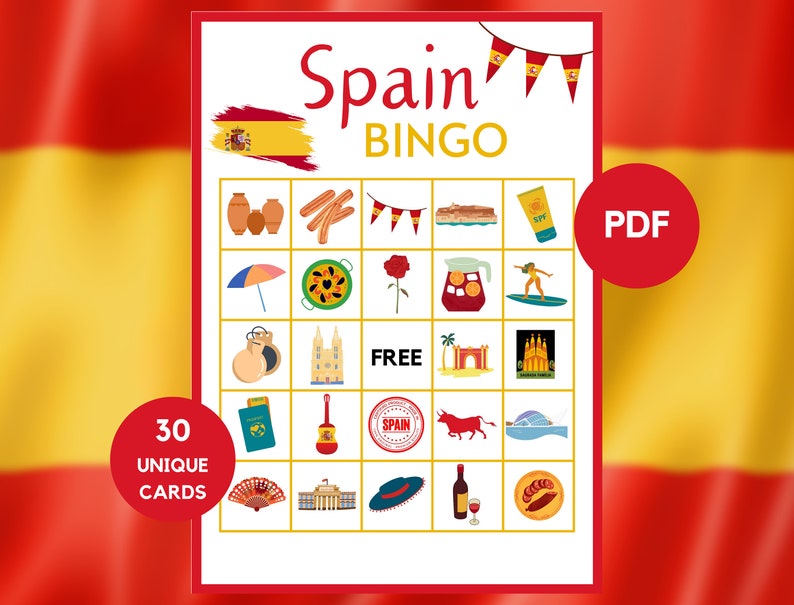 Spain Bingo - Travel Bingo - 30 Spain Bingo Cards - Spain Party Game ...