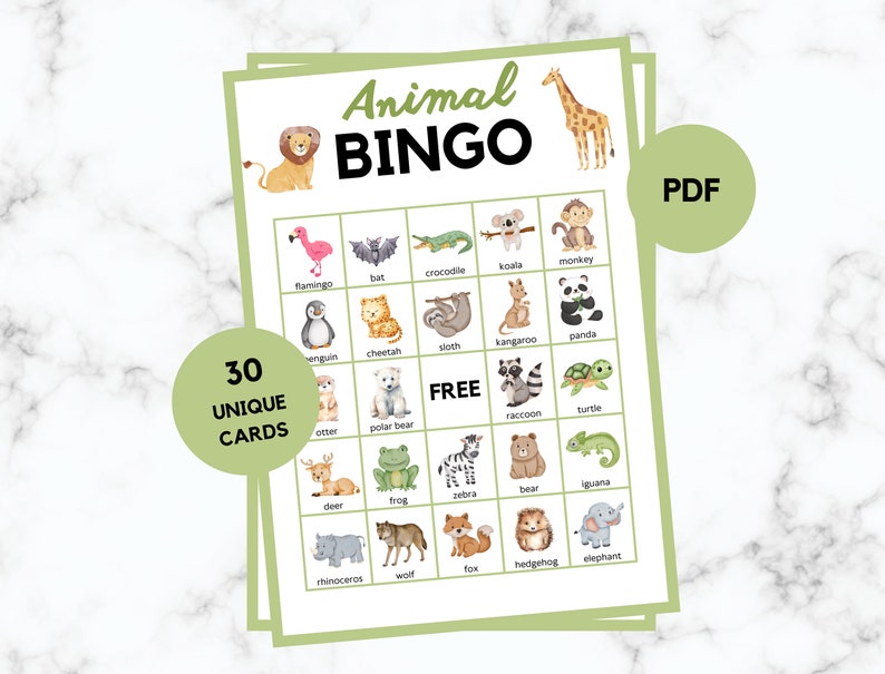 Animal Bingo - 30 Animal Bingo Cards - Animal Party Game - Animals ...
