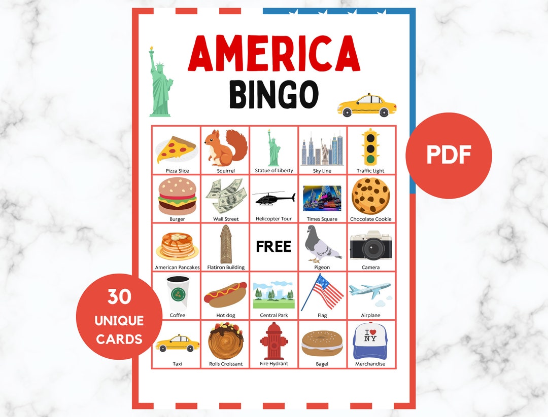 America Bingo - Travel Bingo - 30 America Bingo Cards - USA Party Game ...