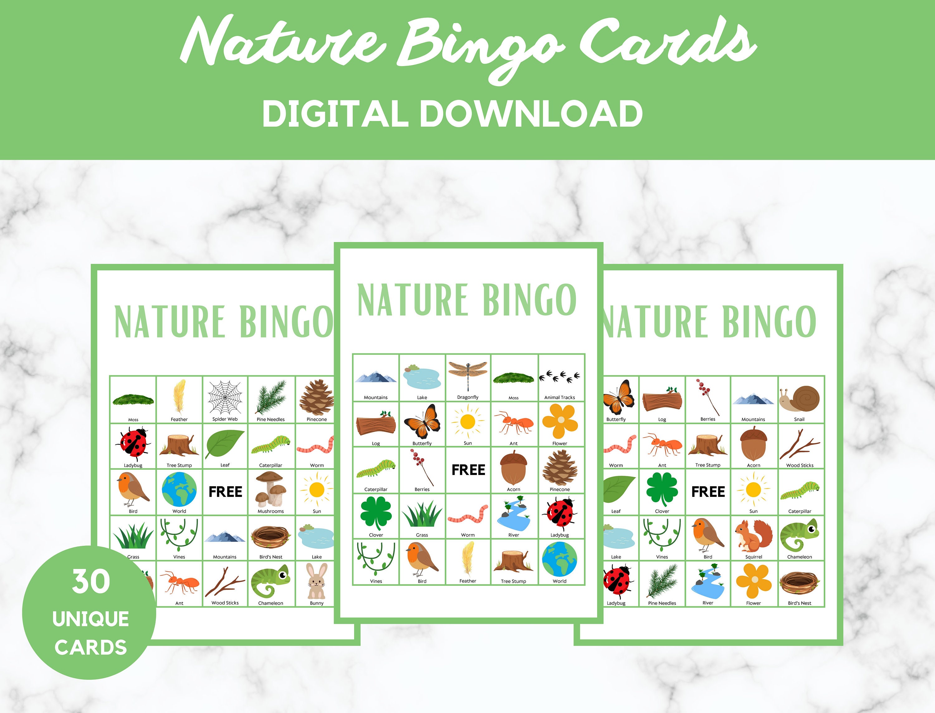 Nature Bingo - 30 Nature Bingo Cards - Nature Party Game - Nature Hike ...