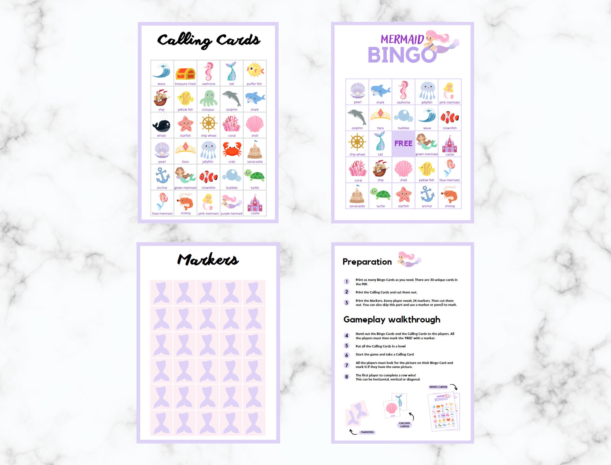 Mermaid Bingo - 30 Mermaid Bingo Cards - Mermaid Party Game - Mermaid ...