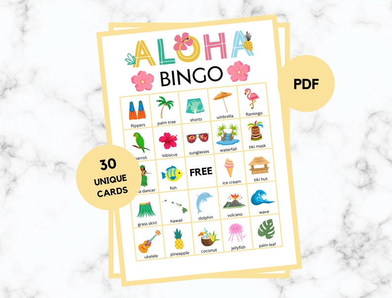 Aloha Bingo - 30 Aloha Bingo Cards - Aloha Party Game - Aloha Bingo ...