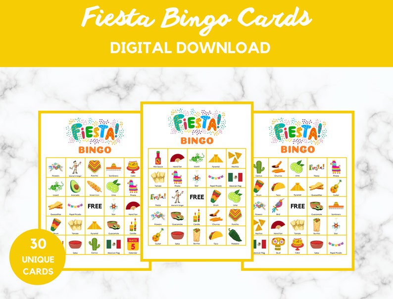 Fiesta Bingo - Fiesta Activity for Kids - 30 Fiesta Bingo Cards ...