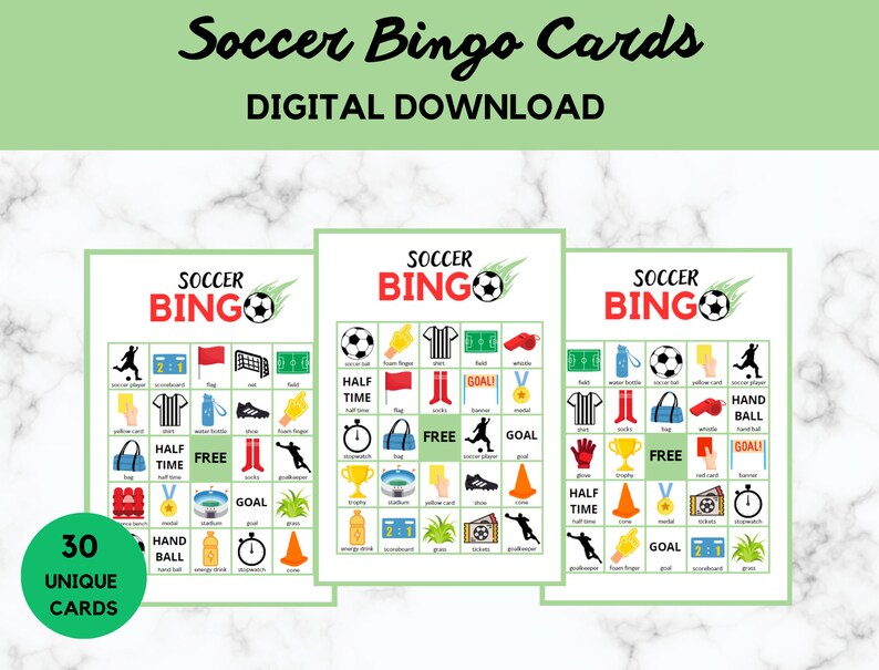 Soccer Bingo - 30 Soccer Bingo Cards - Soccer Party Game - Soccer ...