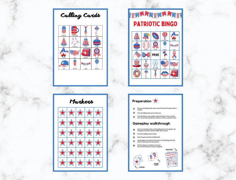 Patriotic Bingo - Independence Day Bingo - 30 4th of July Bingo Cards ...