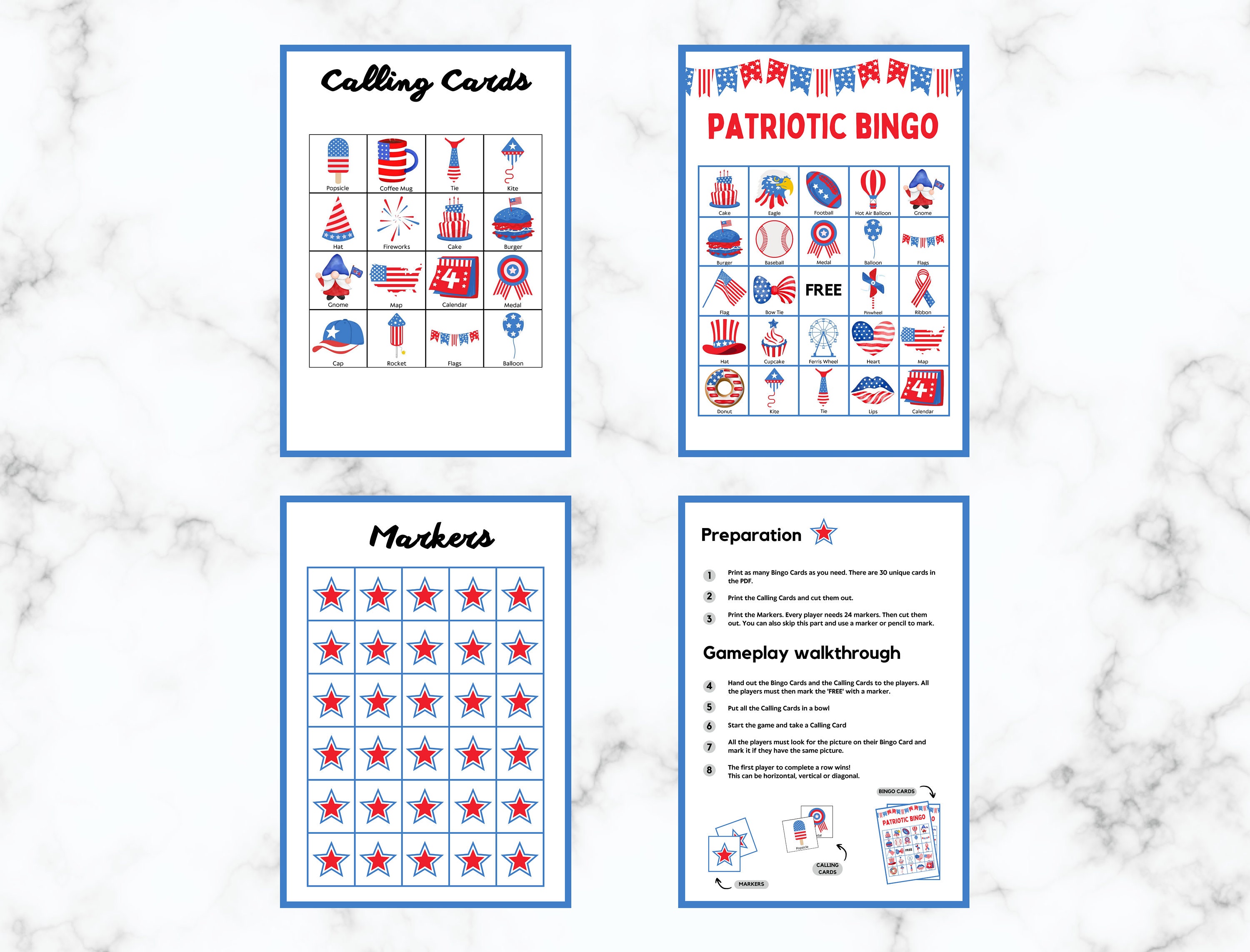 Patriotic Bingo - Independence Day Bingo - 30 4th of July Bingo Cards ...