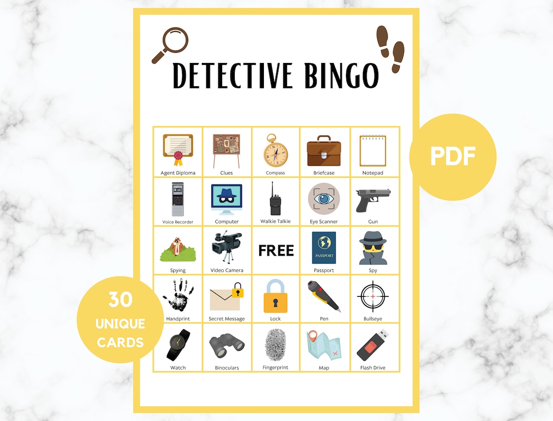 Detective Bingo Spy Birthday Activity 30 Detective Printable Bingo ...