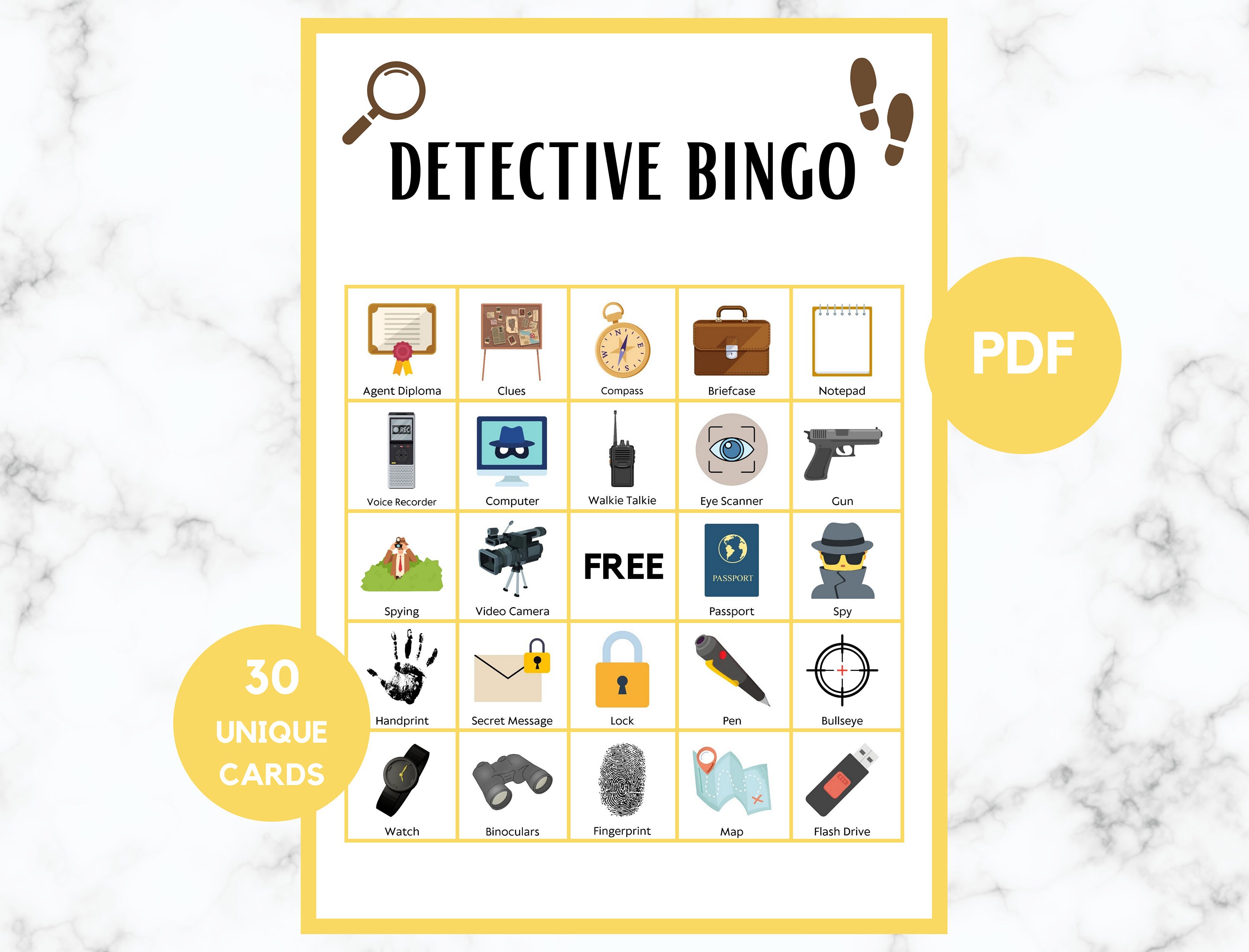 Detective Bingo Spy Birthday Activity 30 Detective Printable Bingo ...