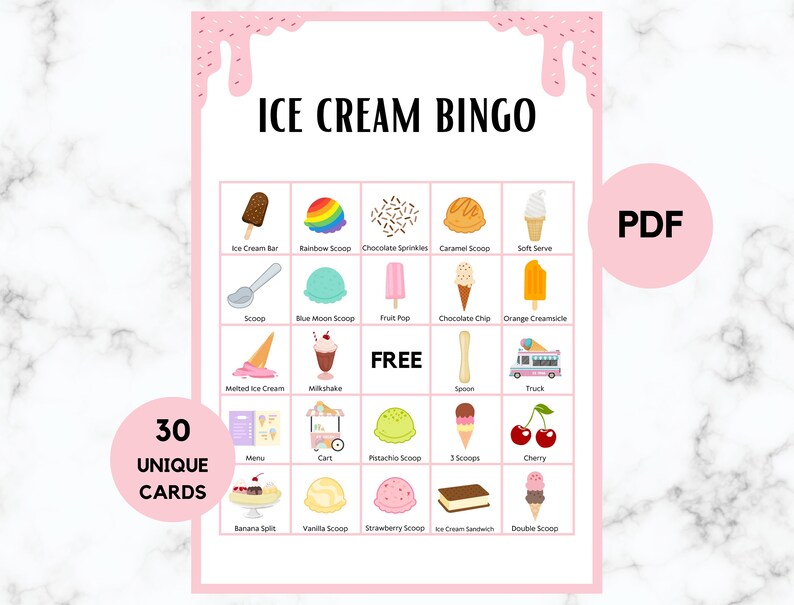 Ice Cream Bingo - Ice Cream Activity- 30 Printable Ice Cream Bingo ...