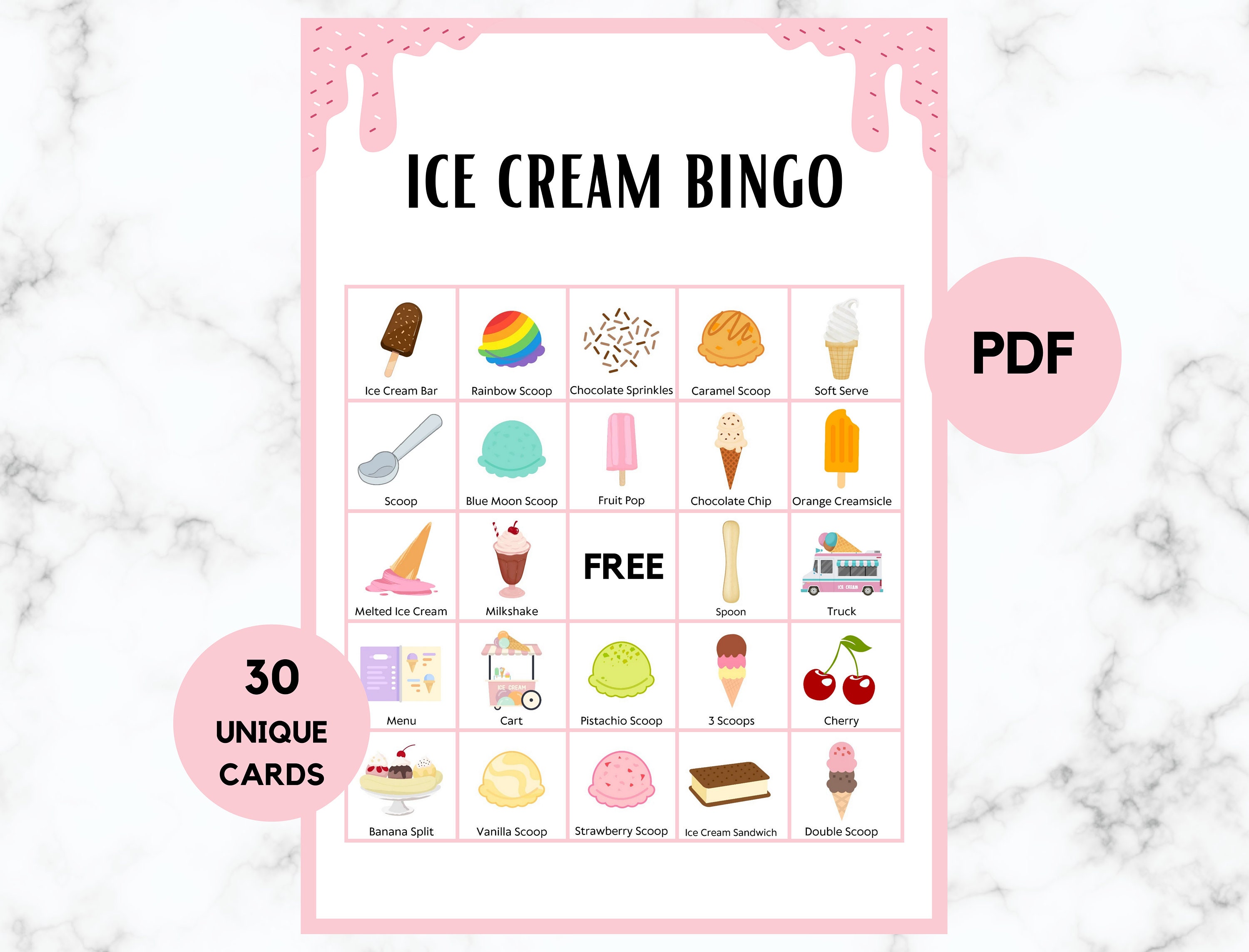 Ice Cream Bingo - Ice Cream Activity- 30 Printable Ice Cream Bingo ...