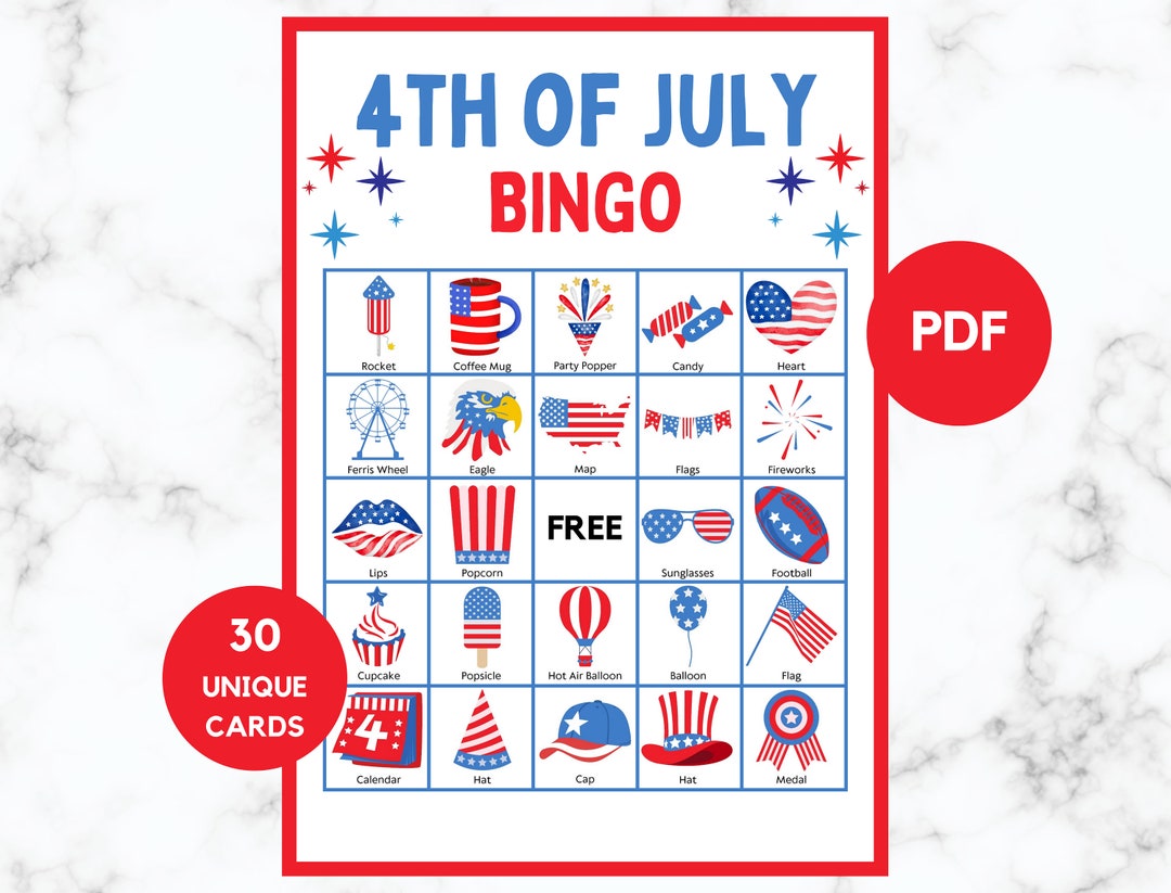 4th of July Bingo - Independence Day Bingo - 30 4th of July Bingo Cards ...