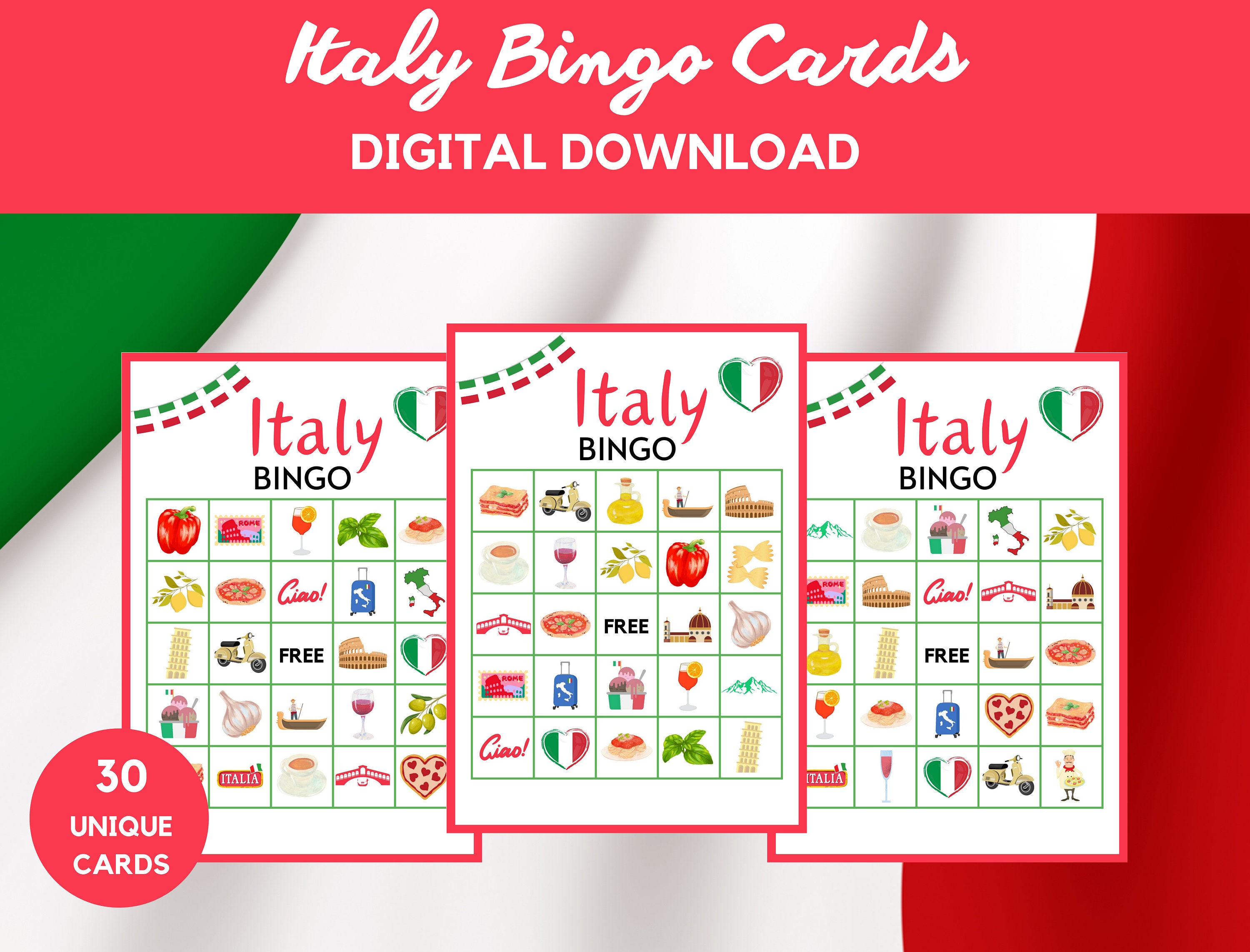 Italy Bingo - Travel Bingo - 30 Italy Bingo Cards - Italy Party Game ...