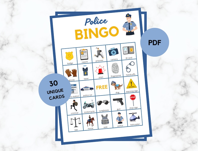 Police Bingo - 30 Police Bingo Cards - Police Party Game - Police ...