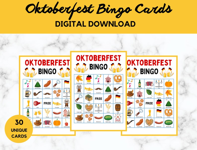 Oktoberfest Bingo - Germany Bingo - 30 Oktoberfest Bingo Cards ...
