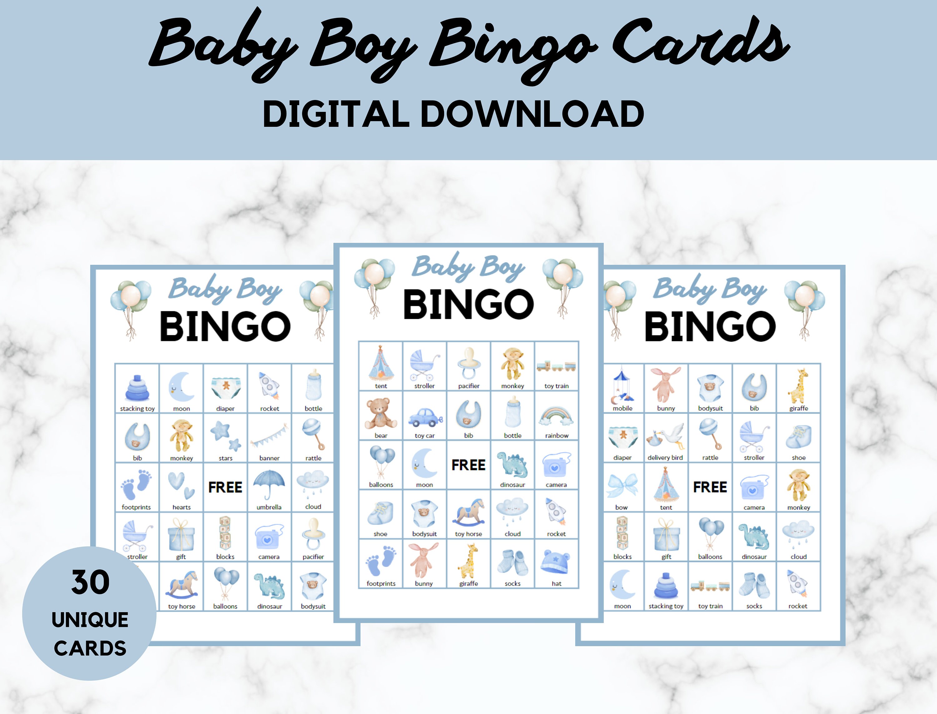 Baby Boy Bingo - 30 Baby Boy Bingo Cards - Baby Boy Party Game - Baby ...
