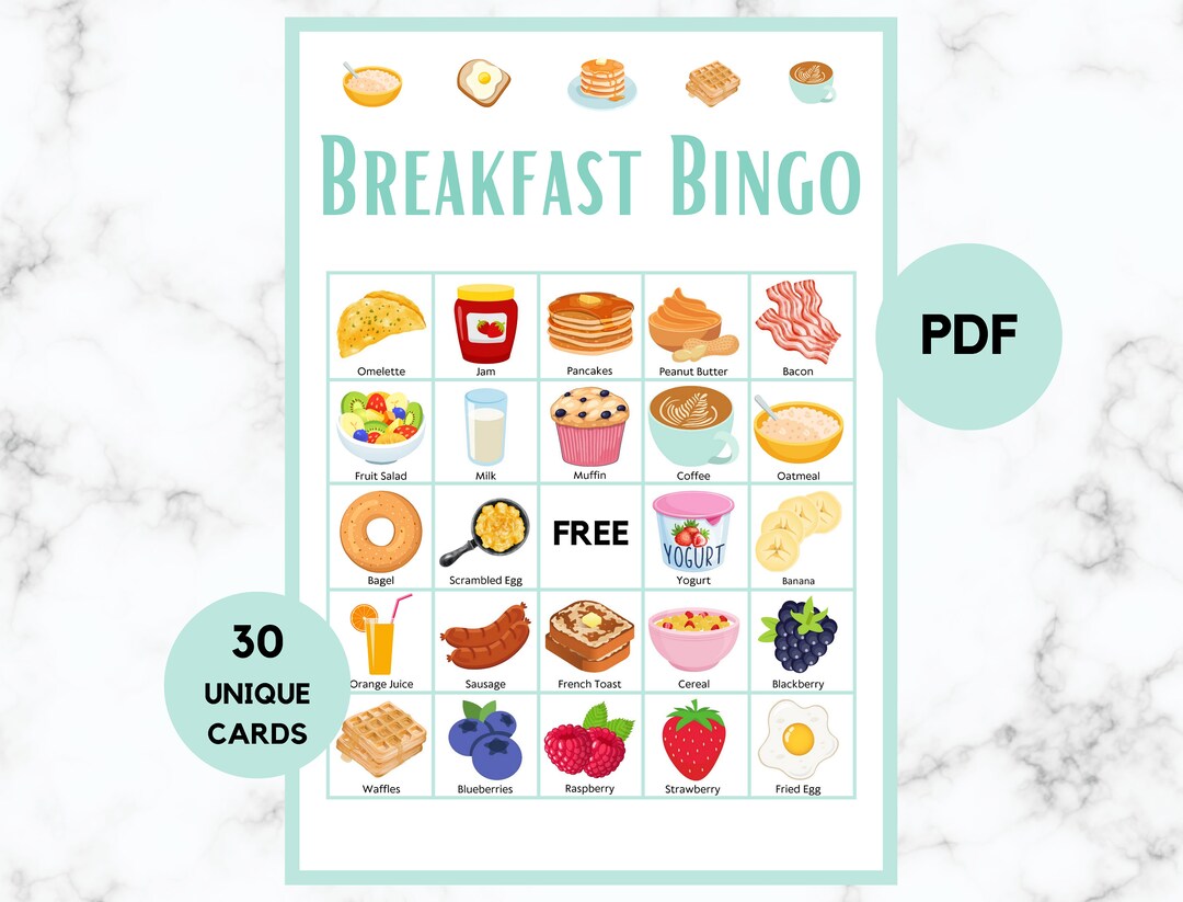 Breakfast Bingo - Breakfast Activity - 30 Breakfast Bingo Cards ...