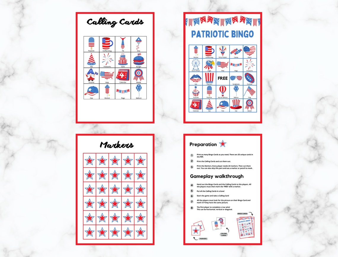 Patriotic Bingo - Independence Day Bingo - 30 4th of July Bingo Cards ...