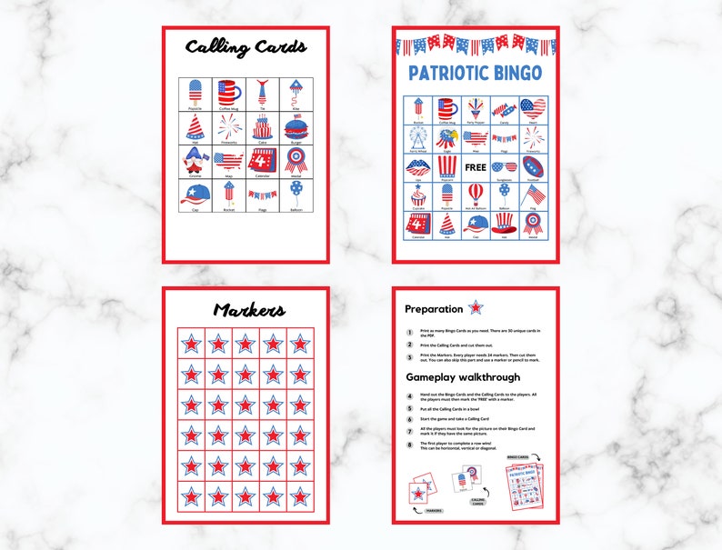 Patriotic Bingo - Independence Day Bingo - 30 4th of July Bingo Cards ...