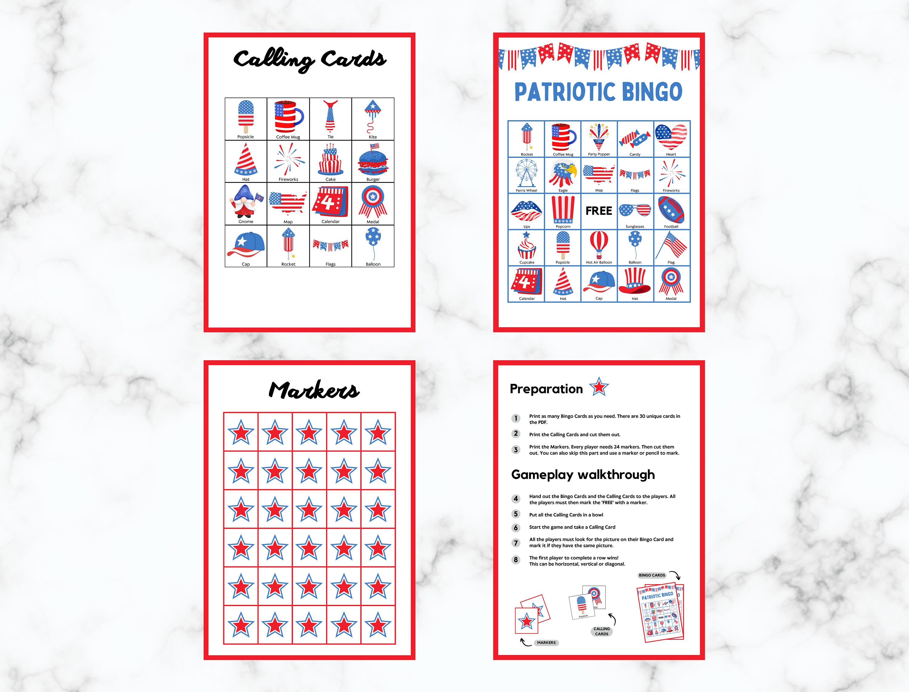 Patriotic Bingo - Independence Day Bingo - 30 4th of July Bingo Cards ...