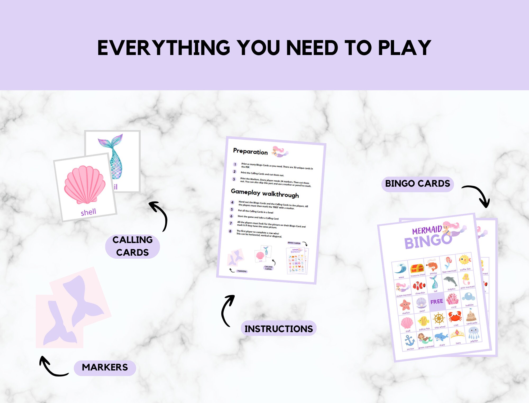 Mermaid Bingo - 30 Mermaid Bingo Cards - Mermaid Party Game - Mermaid ...