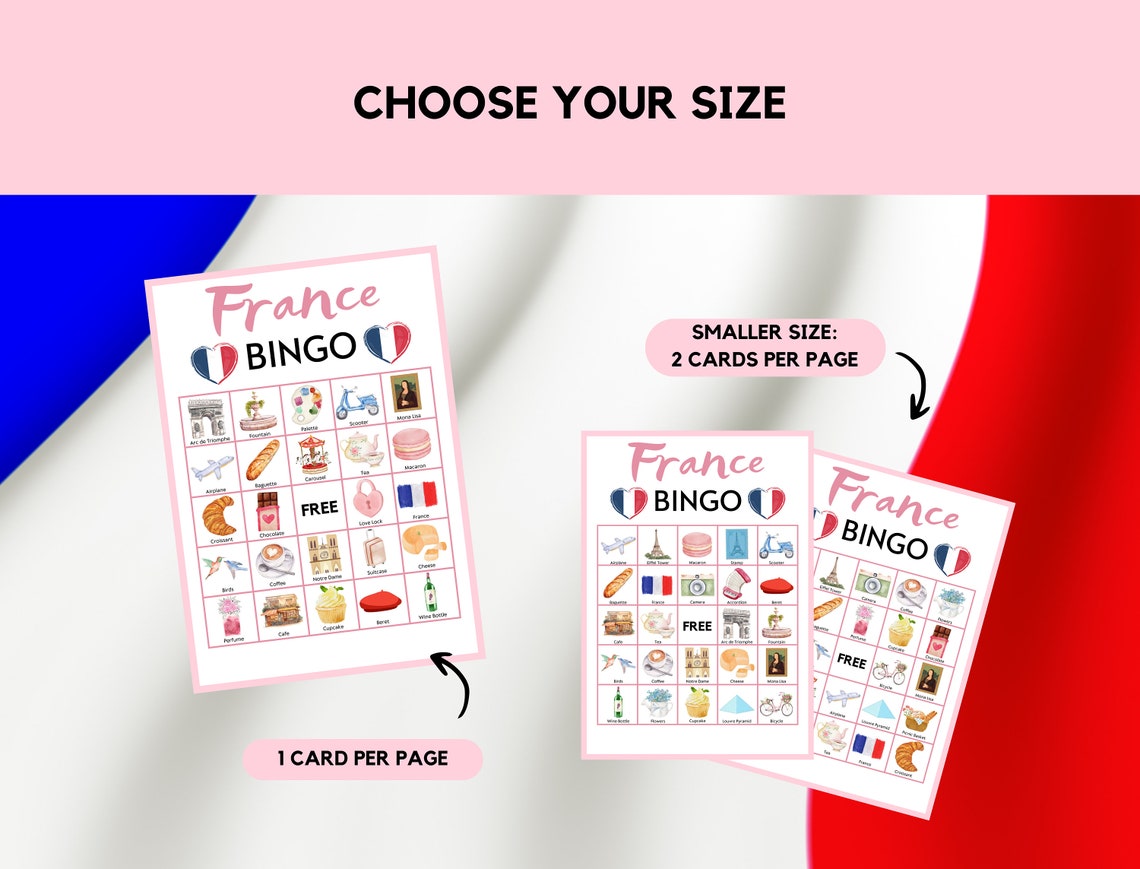 France Bingo - Travel Bingo - 30 France Bingo Cards - France Party Game ...