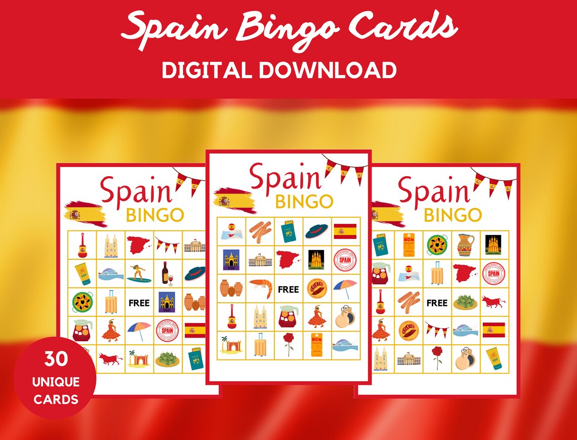 Spain Bingo - Travel Bingo - 30 Spain Bingo Cards - Spain Party Game ...