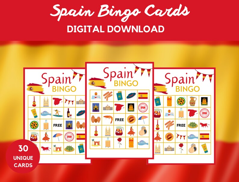 Spain Bingo - Travel Bingo - 30 Spain Bingo Cards - Spain Party Game ...