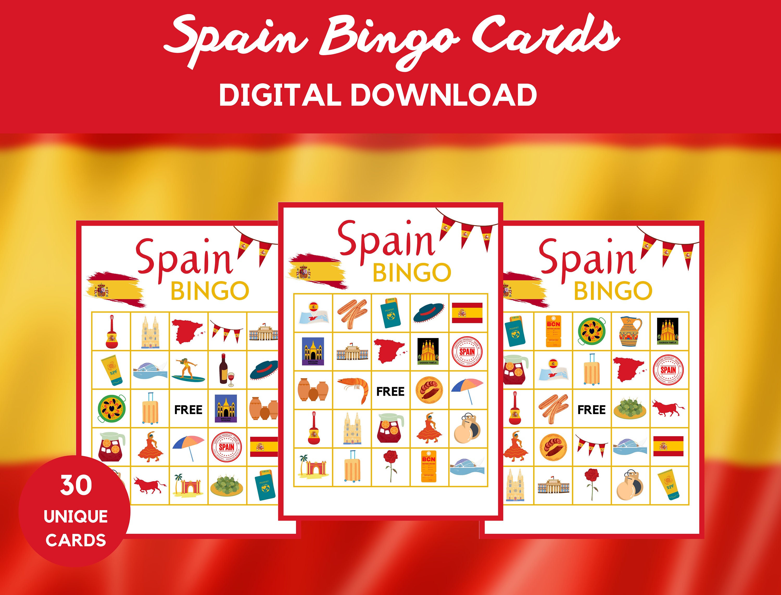 Spain Bingo - Travel Bingo - 30 Spain Bingo Cards - Spain Party Game ...
