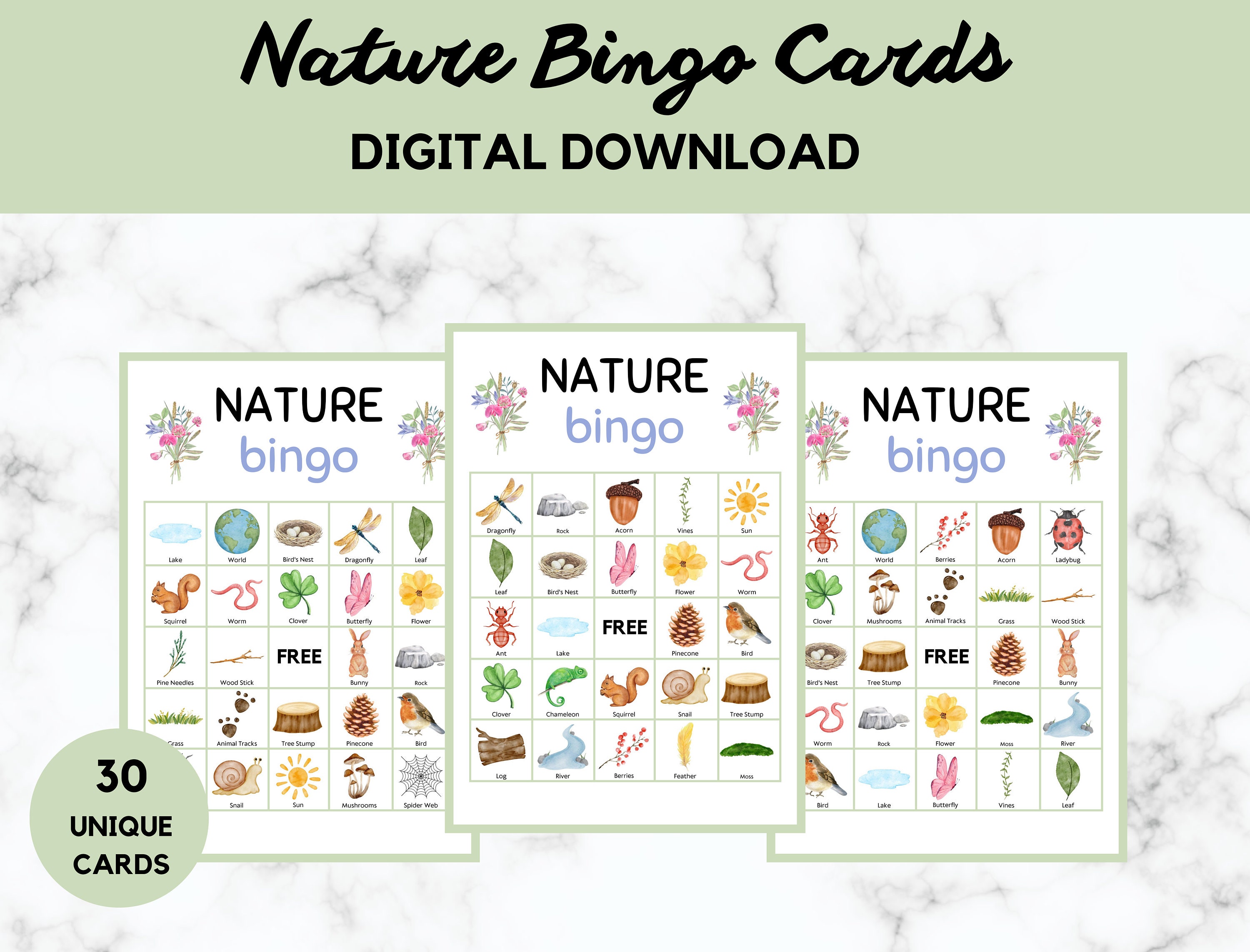 Nature Bingo - 30 Nature Bingo Cards - Nature Party Game - Nature Hike ...