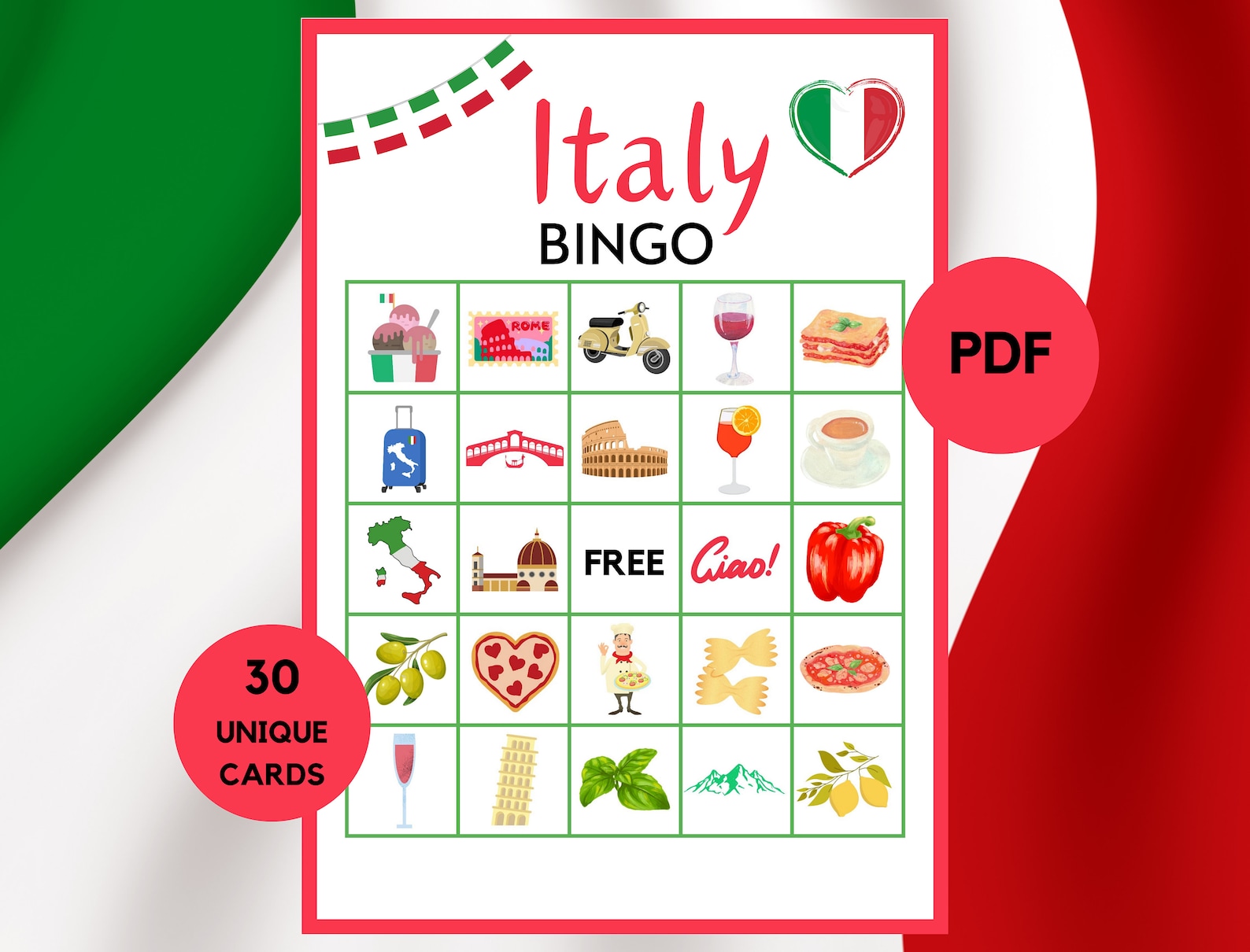 Italy Bingo - Travel Bingo - 30 Italy Bingo Cards - Italy Party Game ...