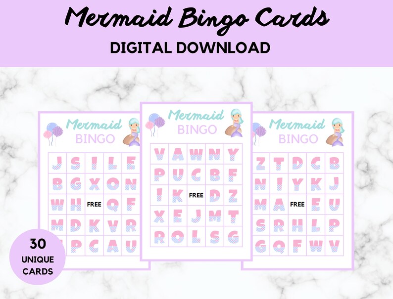 Mermaid Bingo - 30 Mermaid Bingo Cards - Mermaid Party Game - Mermaid ...
