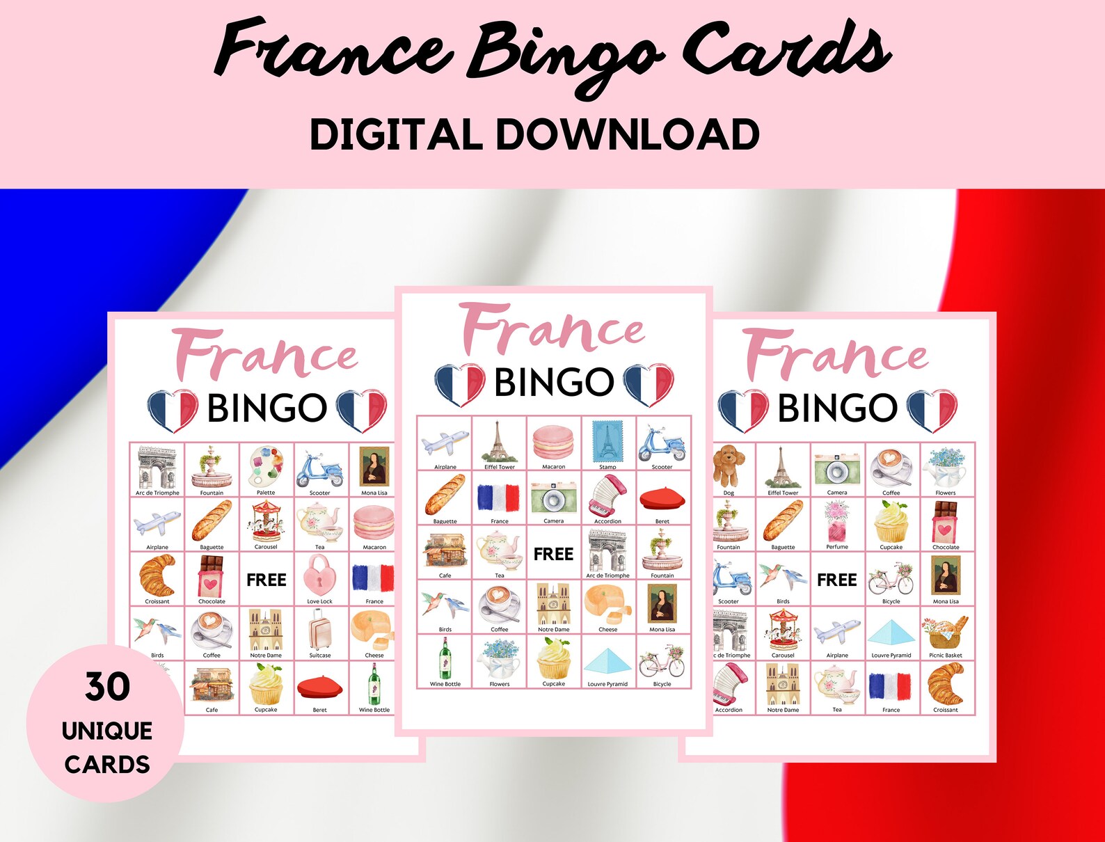 France Bingo - Travel Bingo - 30 France Bingo Cards - France Party Game ...