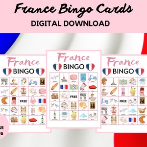 France Bingo - Travel Bingo - 30 France Bingo Cards - France Party Game ...