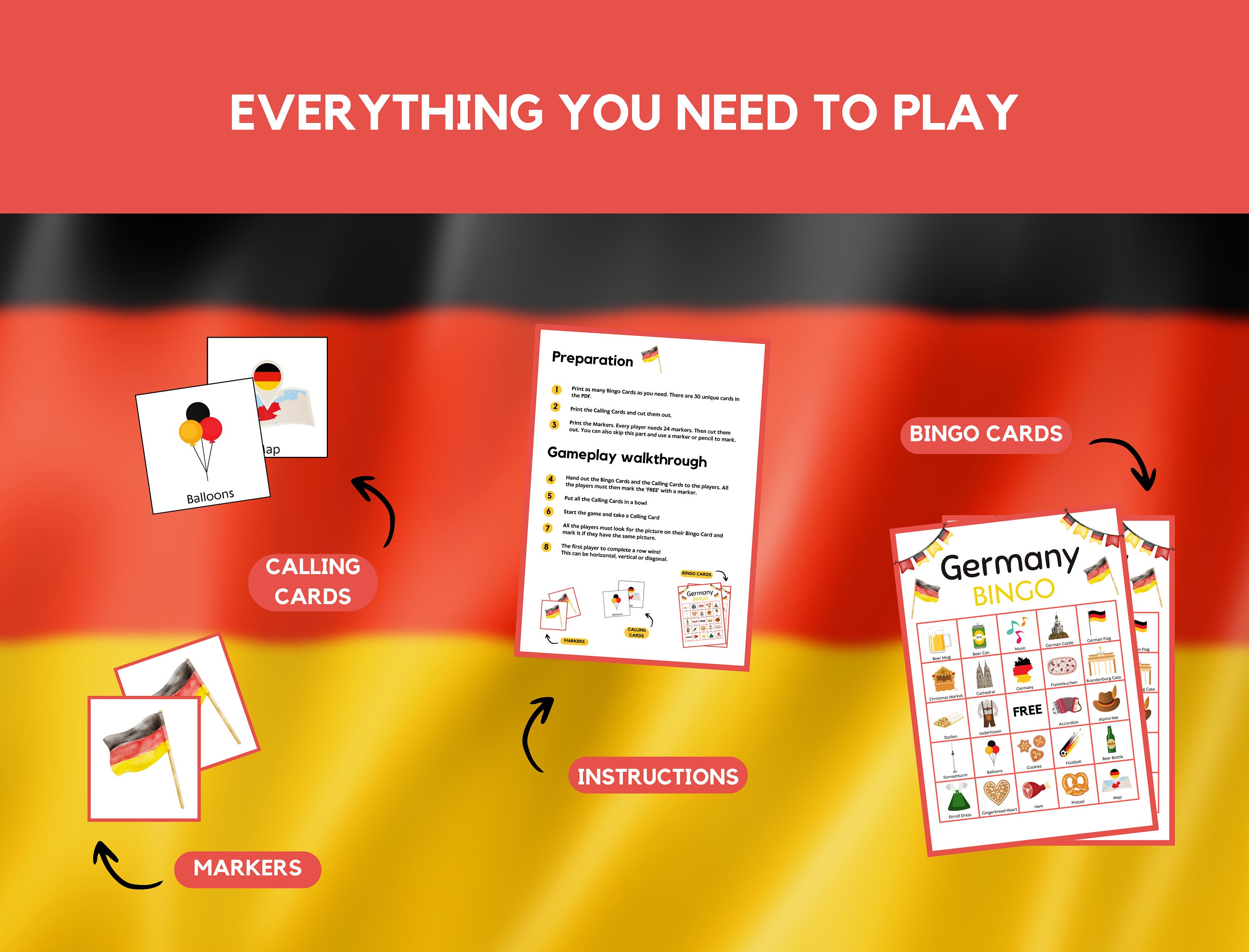 Germany Bingo - Travel Bingo - 30 Germany Bingo Cards - Germany Party ...