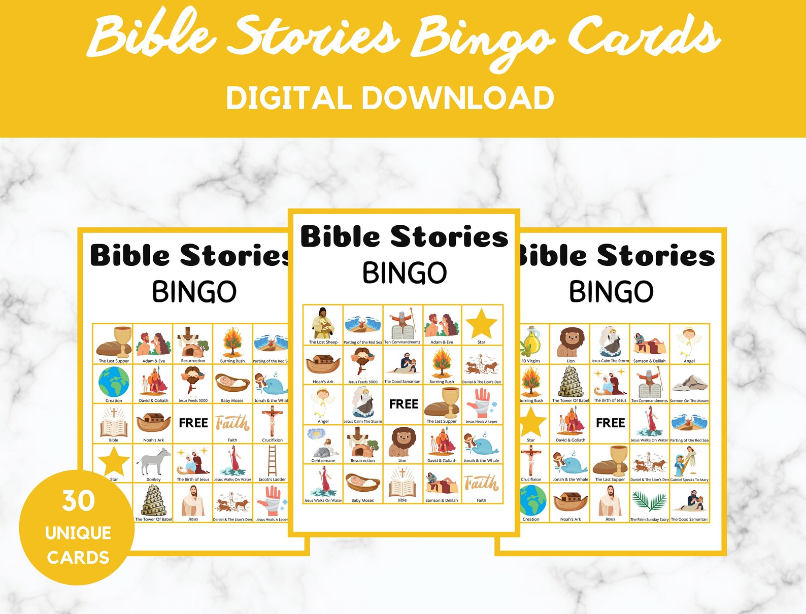Bible Stories Bingo - 30 Bible Stories Bingo Cards - Bible Stories ...