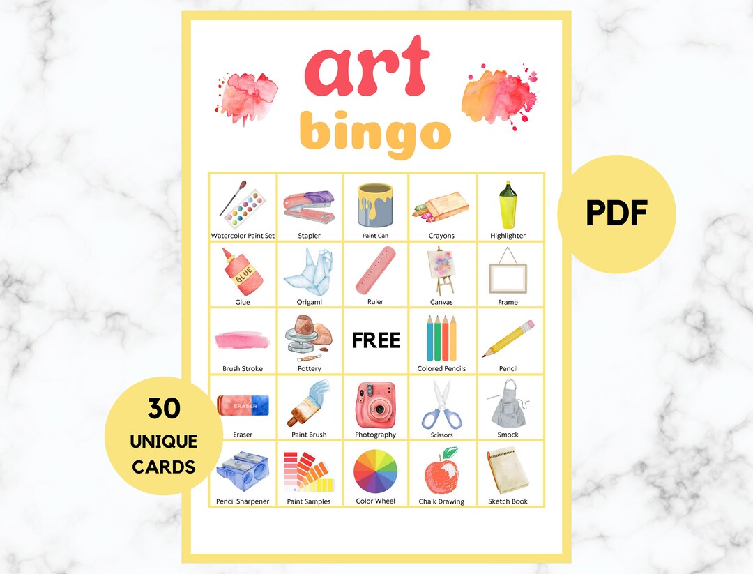 Art Bingo - Art Activity- 30 Art Bingo Cards - Art Party Game - - Art ...