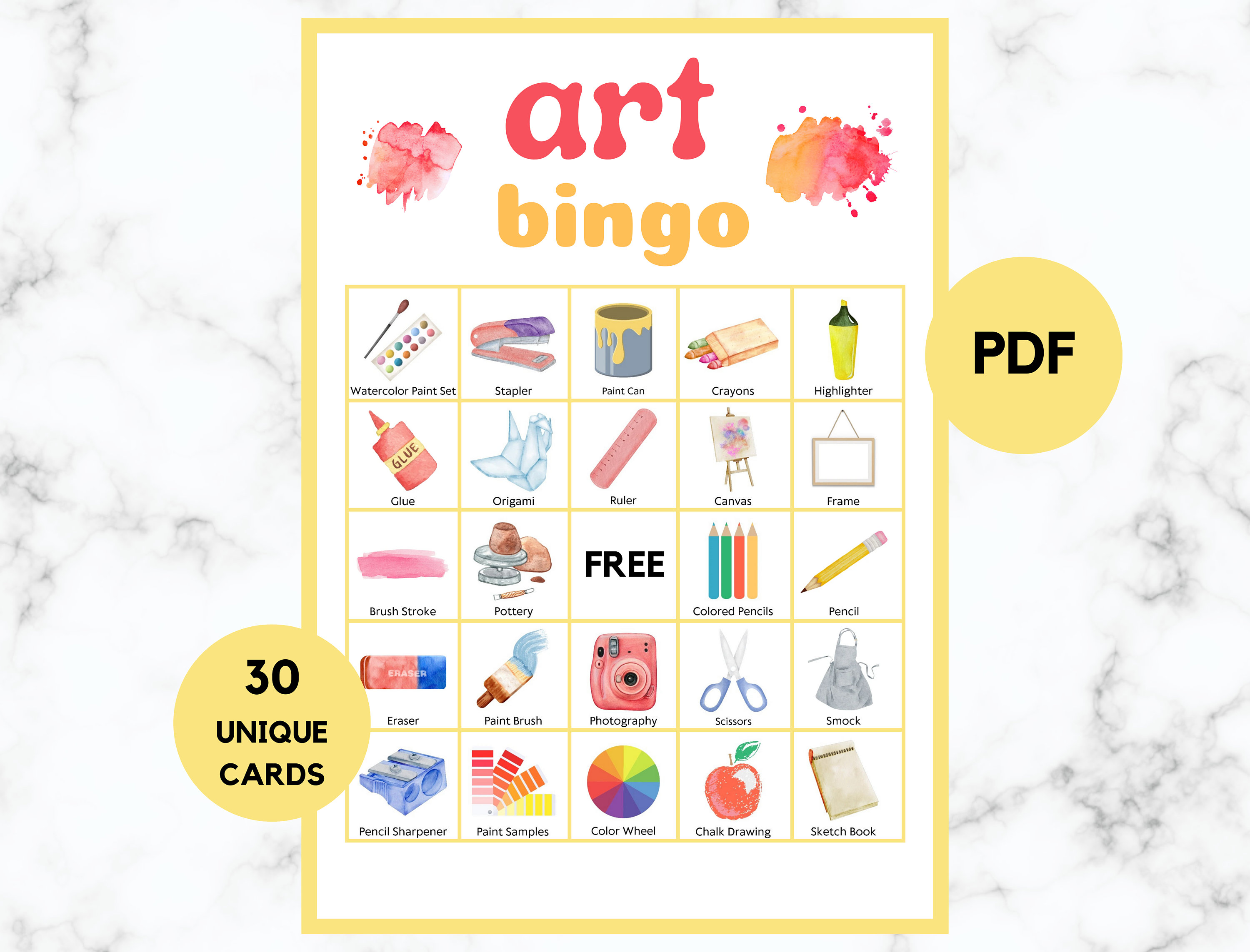 Art Bingo - Art Activity- 30 Art Bingo Cards - Art Party Game - - Art ...