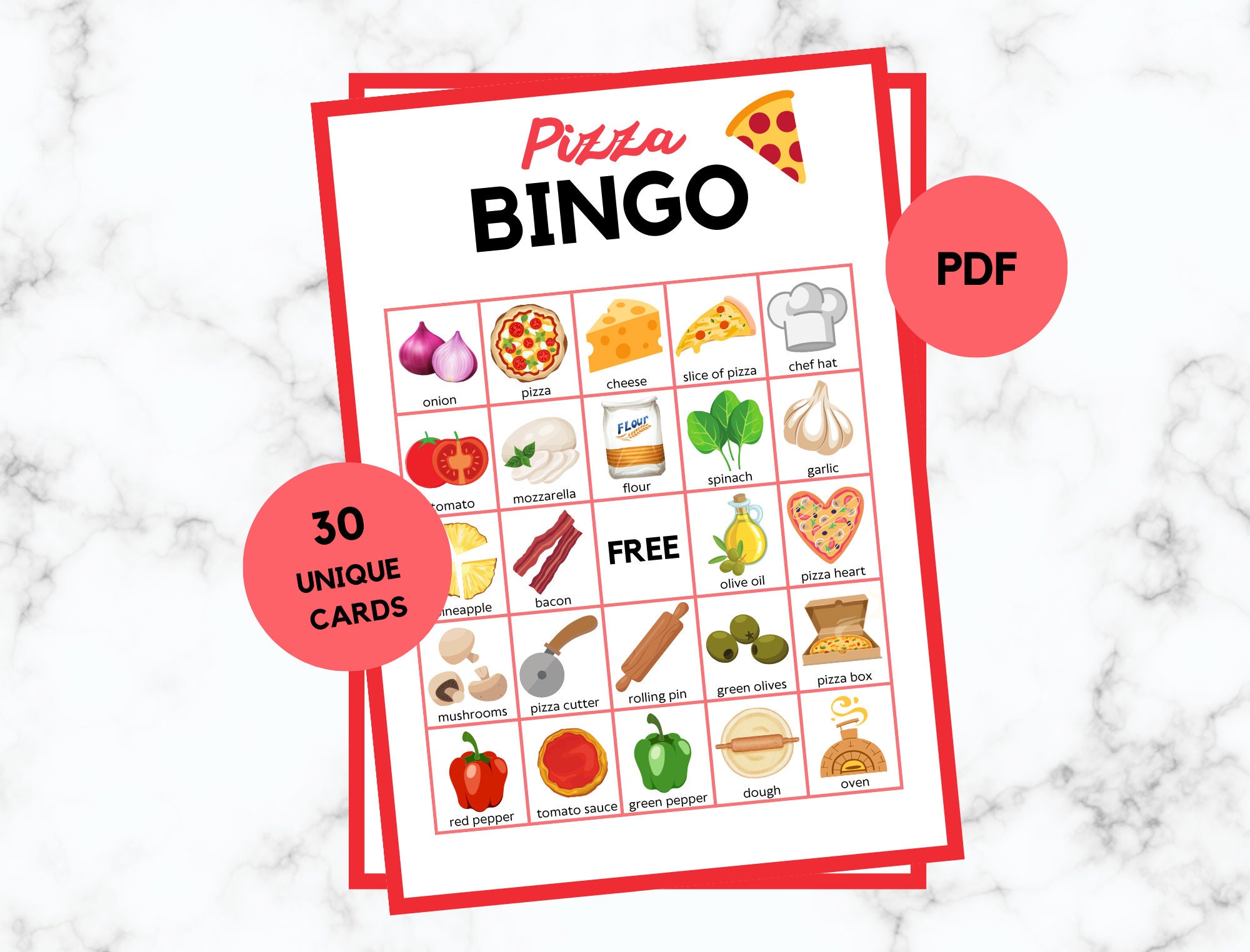 Pizza Bingo - 30 Pizza Bingo Cards - Pizza Party Game - Pizza Birthday ...