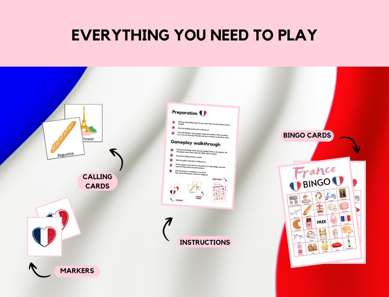 France Bingo - Travel Bingo - 30 France Bingo Cards - France Party Game ...