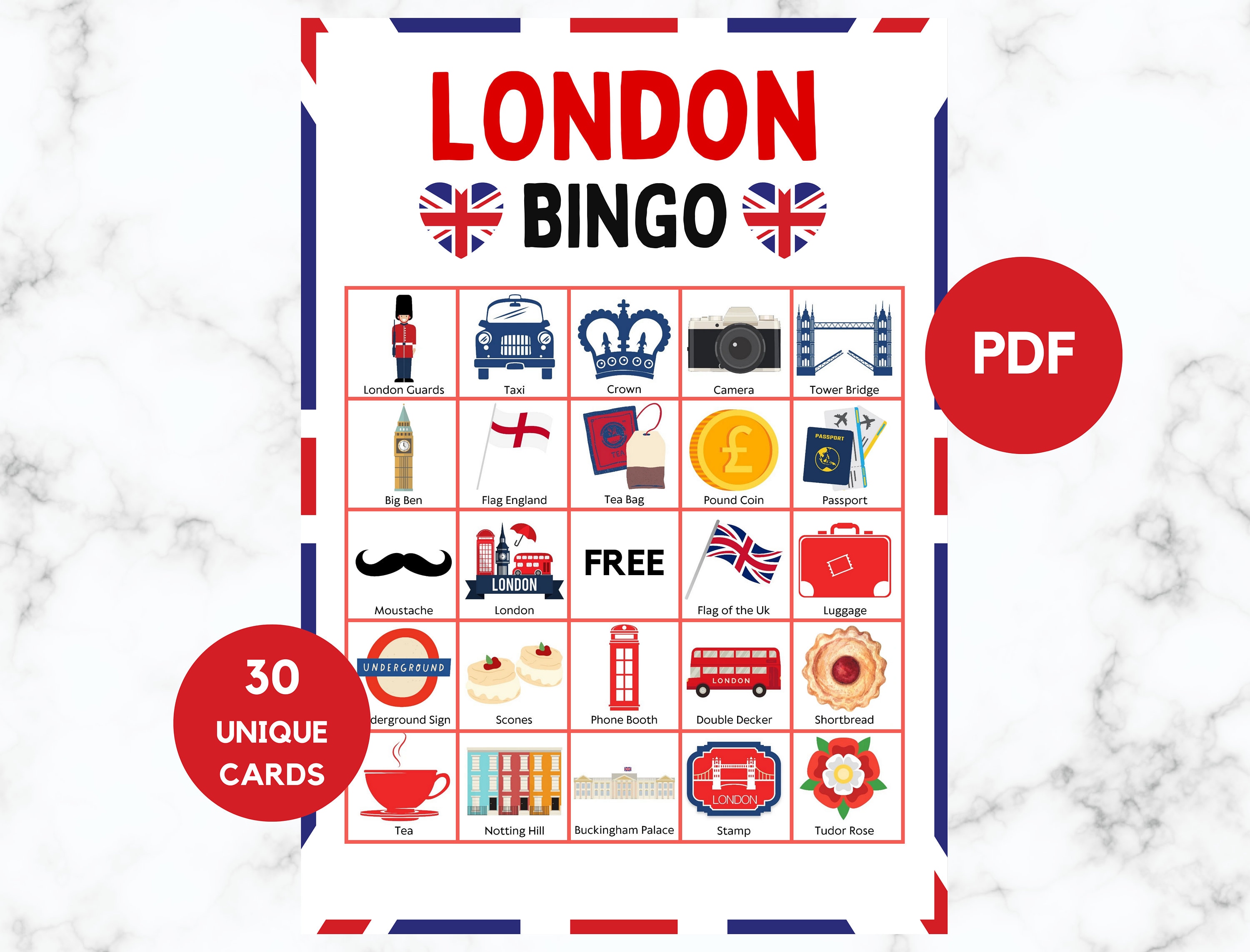 London Bingo - Travel Bingo - 30 London Bingo Cards - London Party Game ...