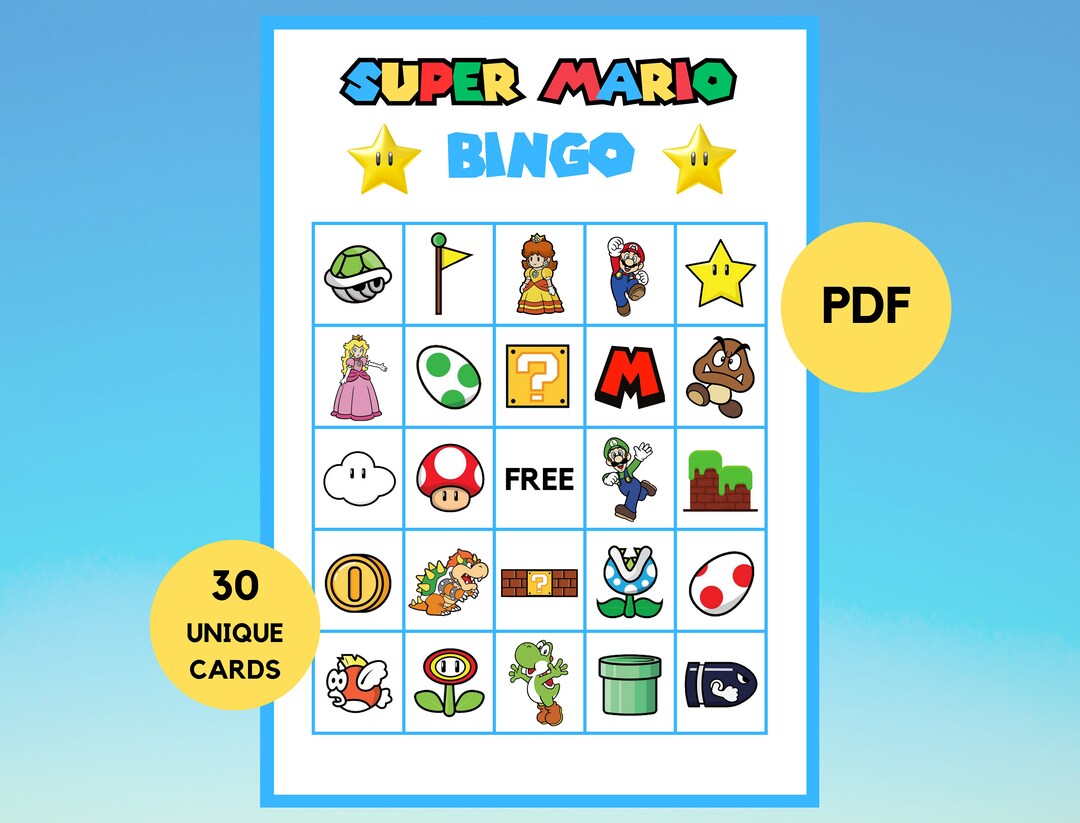 Super Mario Bingo 30 Super Mario Bingo Cards Super Mario Party Game ...