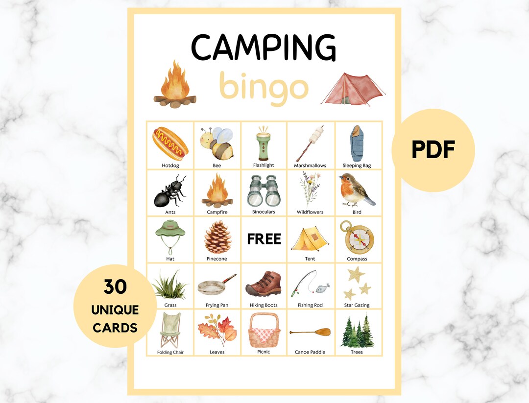 Camping Bingo - Campground Activity- 30 Camping Bingo Cards - Camping ...