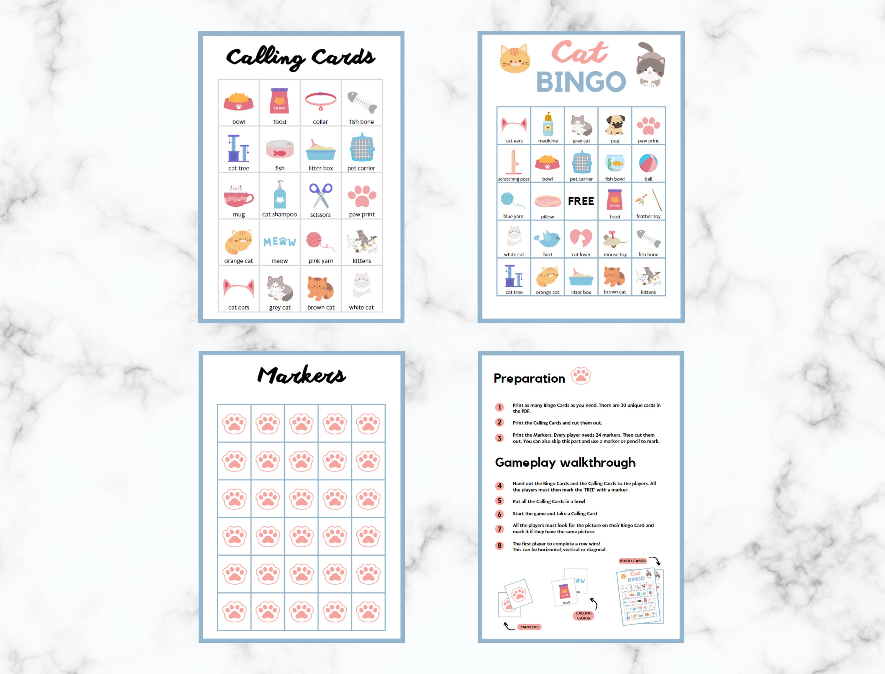 Cat Bingo - 30 Cat Bingo Cards - Cat Party Game - Cat Bingo - Birthday ...